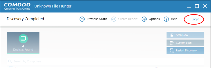 Login to UFH, Network Scanning Tools | Comodo UFH | Comodo Unknown File Hunter